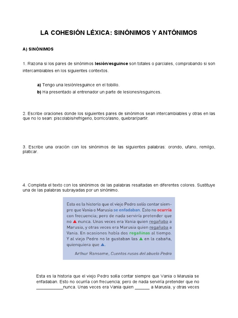 La Cohesión Léxica. Sinónimos y Antónimos | PDF