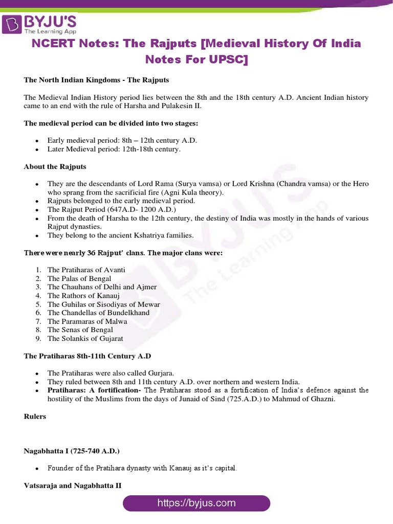 NCERT Notes Rajputs | Download Free PDF | South Asia