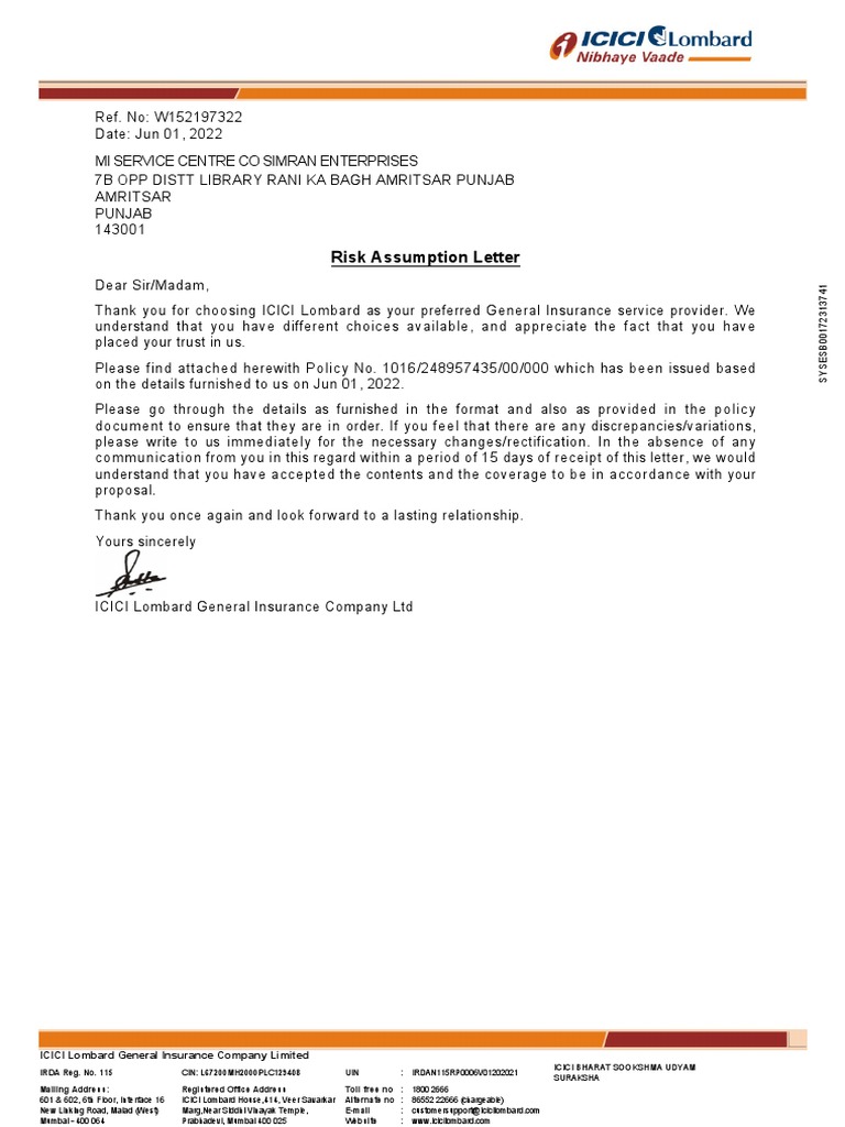 Risk Assumption Letter: Mi Service Centre Co Simran Enterprises | PDF ...