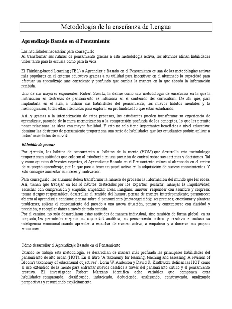 Metodología de la enseñanza de Lengua | PDF | Pensamiento | Aprendizaje