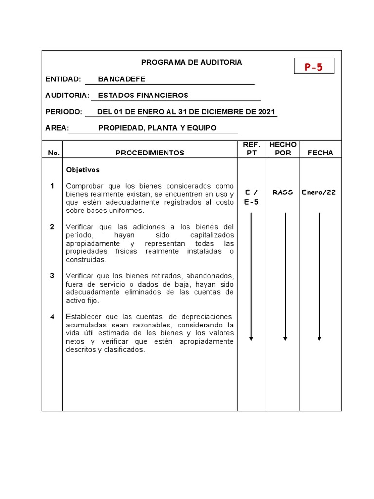 1 Programa de Auditoria Activos Fijos | PDF | Auditoría