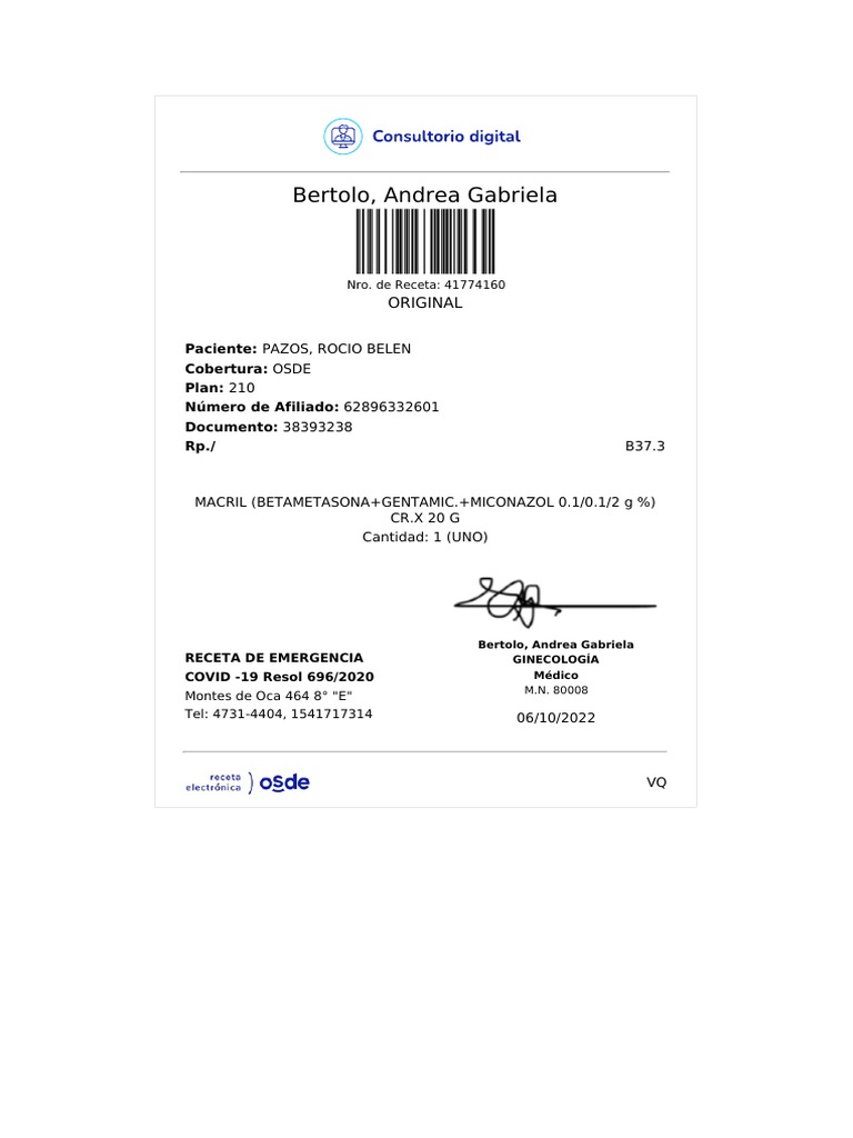 Receta Emergencia OSDE: Macril 20g | PDF