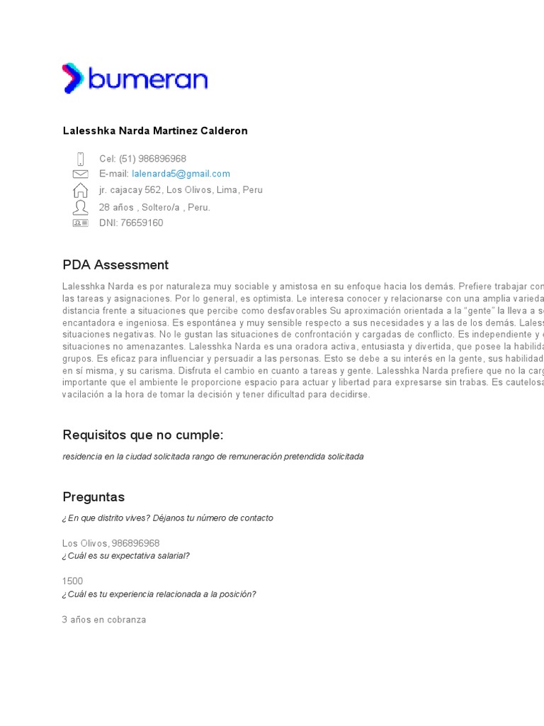 Gestor de Cobranzas CV Lalesshka Narda Martinez Calderon | PDF | Microsoft