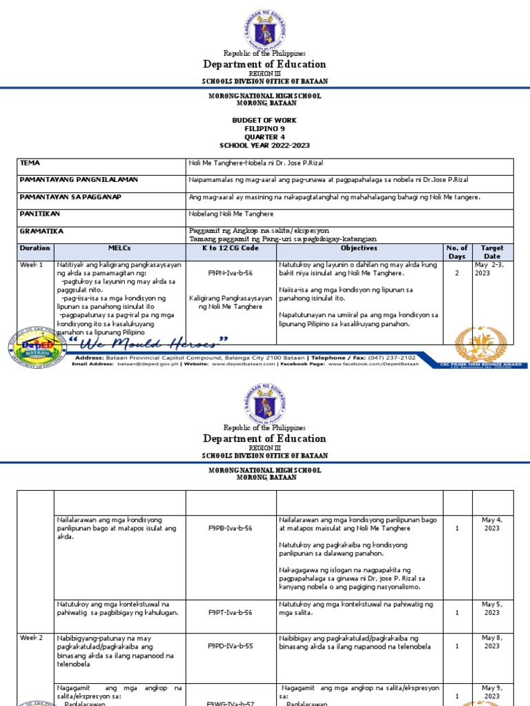 Budget of Work FIL 9 4th Quarter | PDF