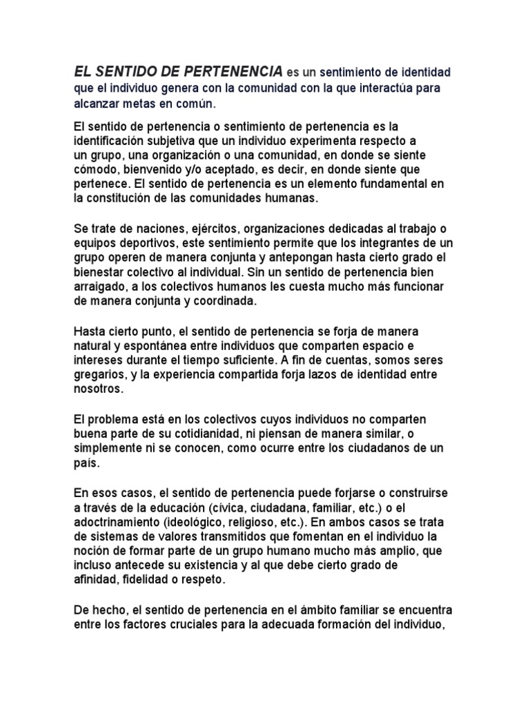 EL SENTIDO DE PERTENENCIA | PDF | Nación | Ciencia cognitiva