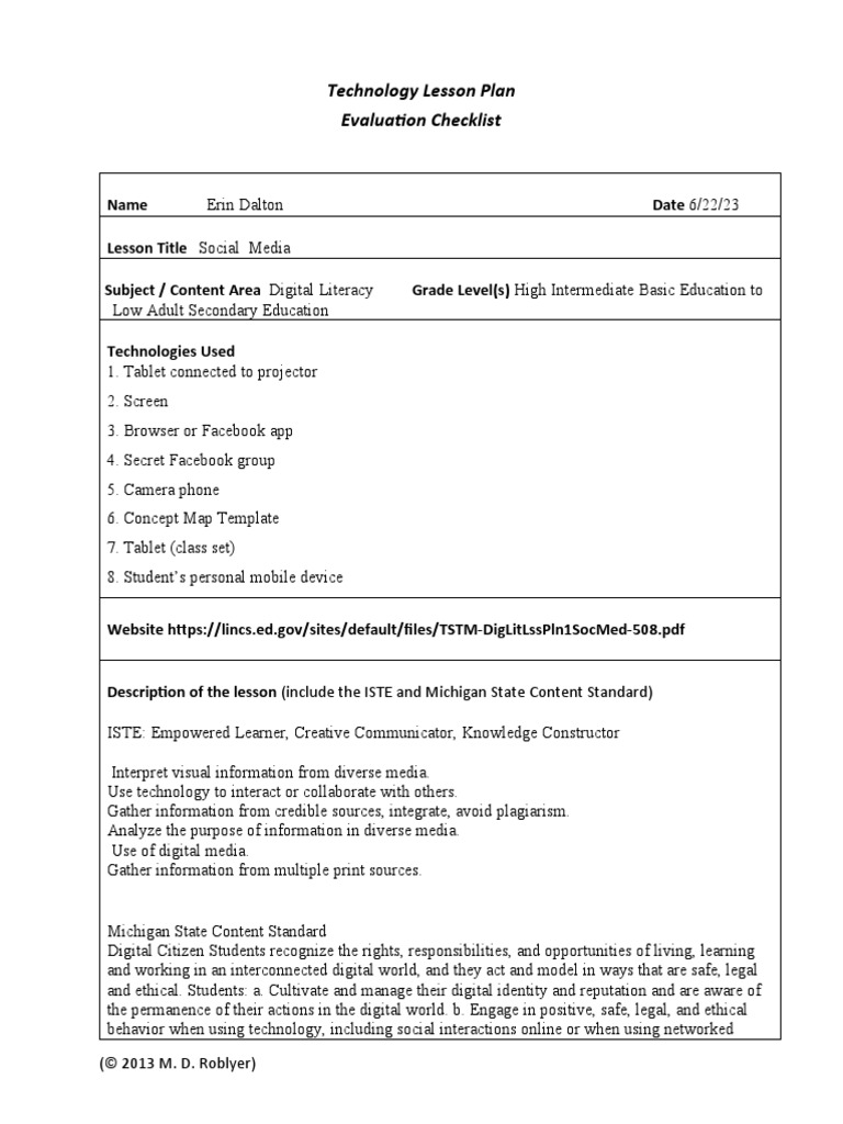 Technology Lesson Plan Evaluation Checklist Educ 530 | PDF