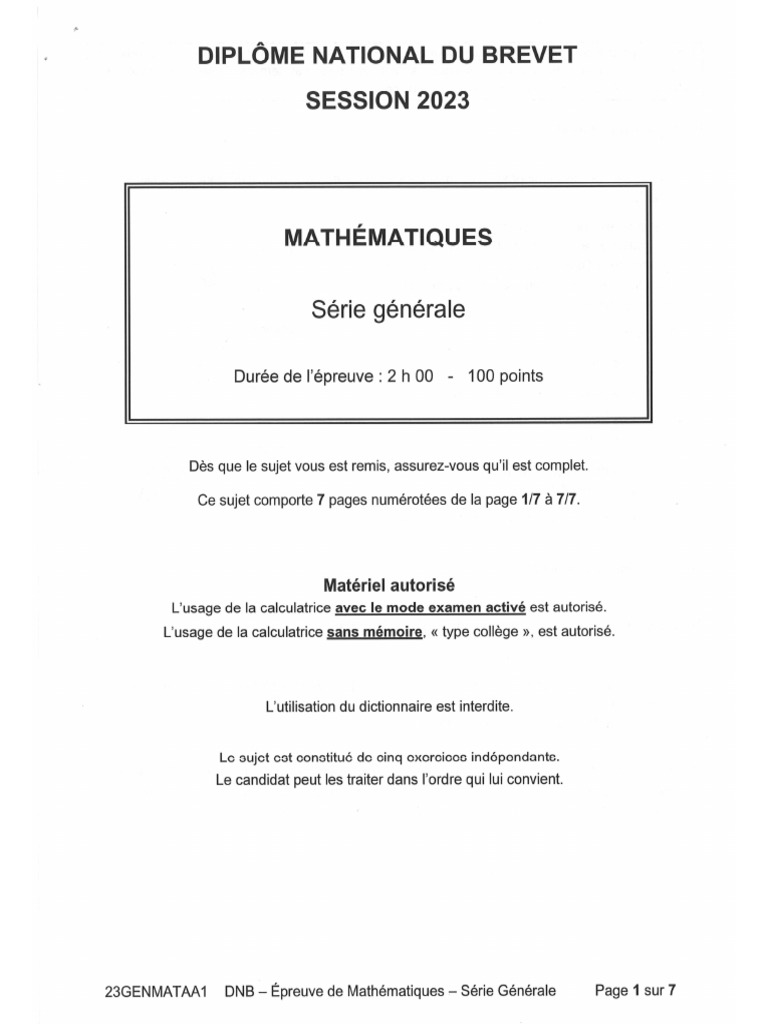 Sujet Brevet DNB Maths Asie 2023 | PDF