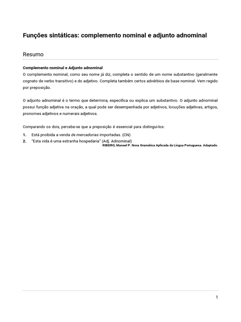 Funções Sintáticas: Complemento e Adjunto | PDF | Substantivo | Pronome