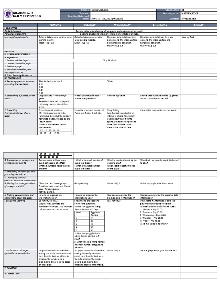 DLL - Mathematics 3 - Q4 - W8 | PDF | Learning | Cognition