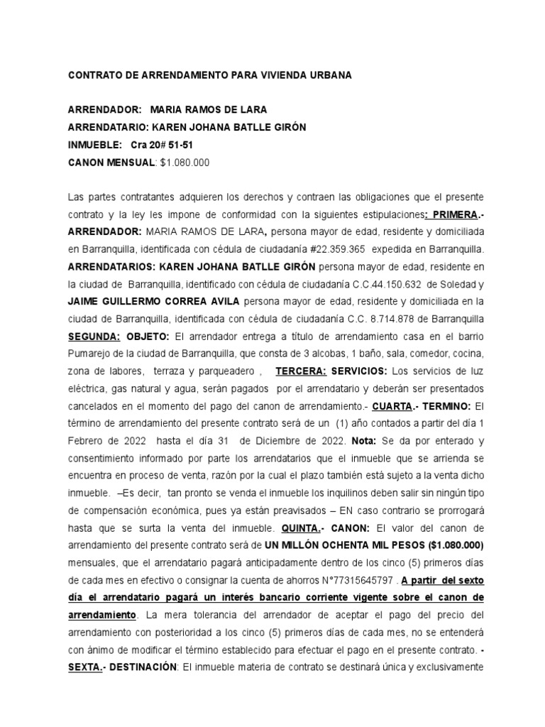 Contrato de Arren - El Carmen Cra 20 | PDF