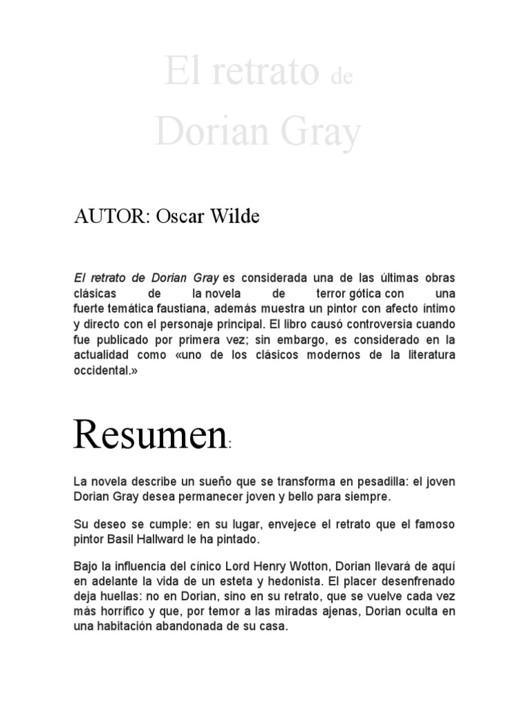 Resumen de El retrato de Dorian Gray | PDF | La imagen de Dorian Gray