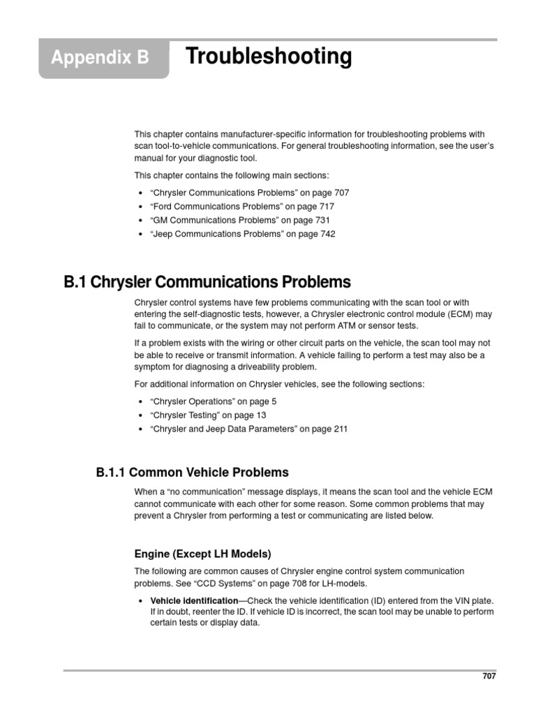 Troubleshooting. Appendix B. B.1 Chrysler Communications Problems. B.1. ...