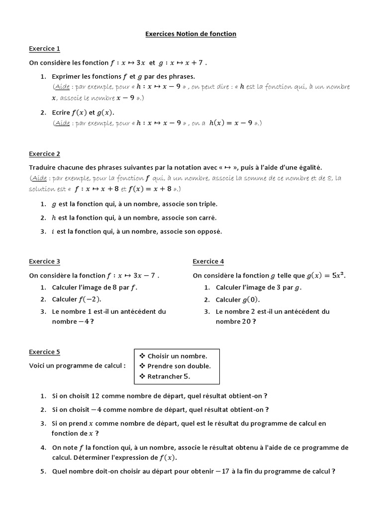 Exercices Notion de Fonction | PDF