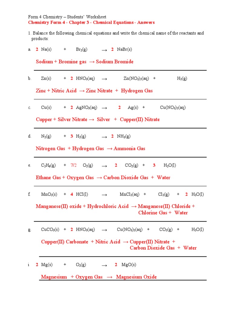 Worksheet 1 Chemistry F4 Chapter3 Chemical Equation Answer | PDF ...