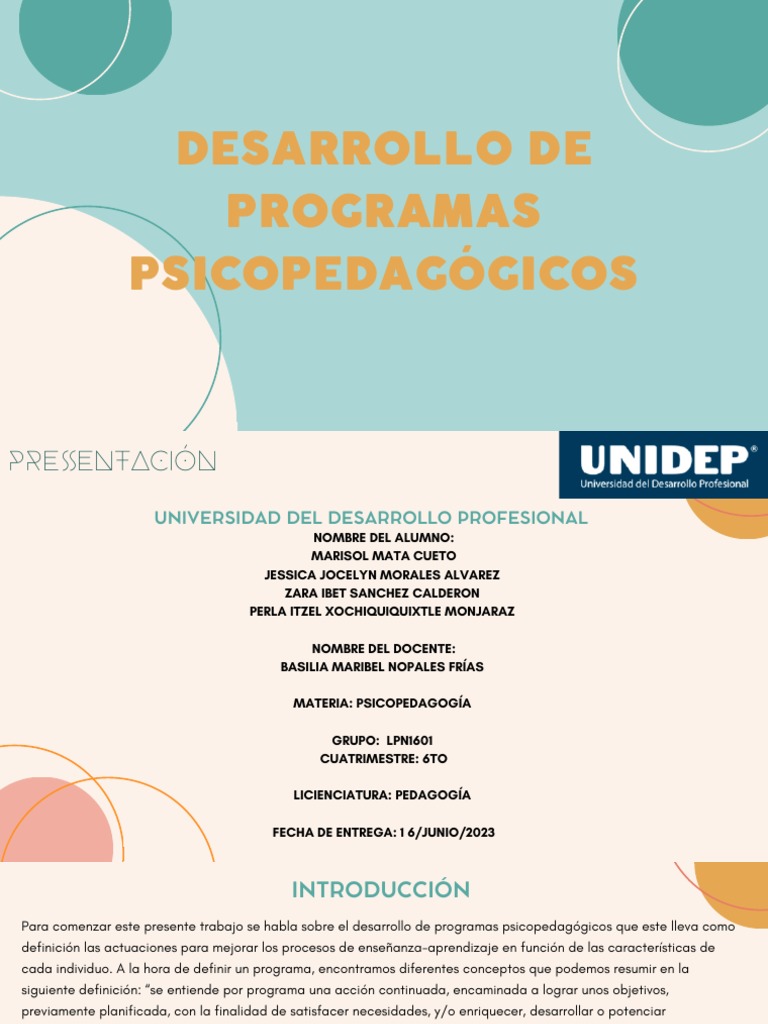 Presentación: desarrollo de programas psicopedagógicos | PDF | Enseñando | Aprendizaje