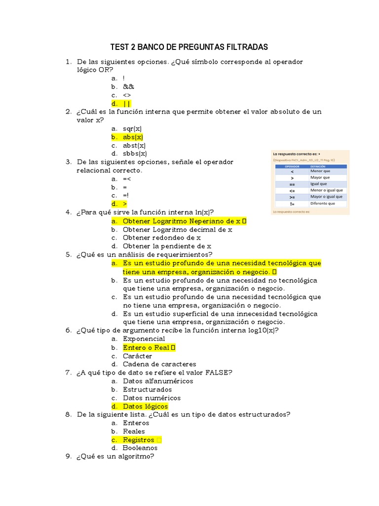 TEST 2 PENSAMIENTO COMPUTACIONAL | PDF | Algoritmos | Tipo de datos