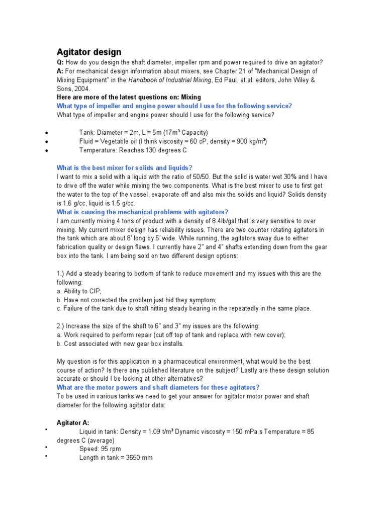 Agitator Design | PDF | Fluid Dynamics | Viscosity