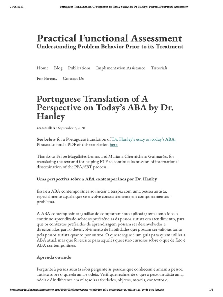 Portuguese Translation of A Perspective On Today's ABA by DR Hanley | PDF