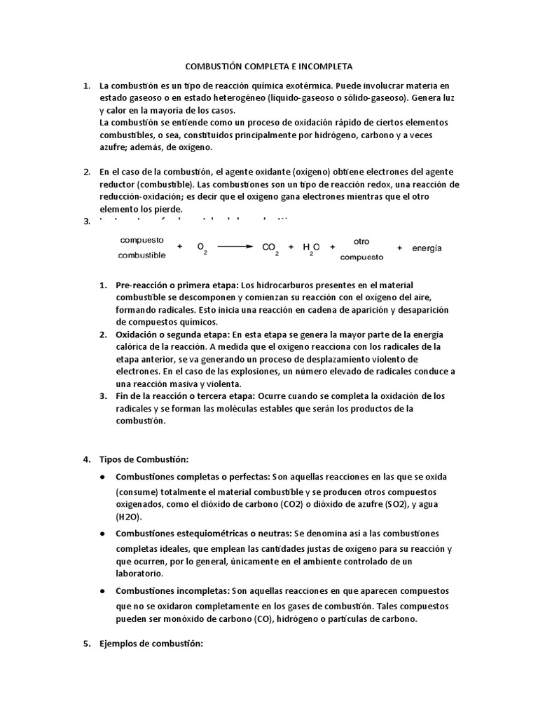 Combustión Completa e Incompleta | PDF | Combustión | Redox