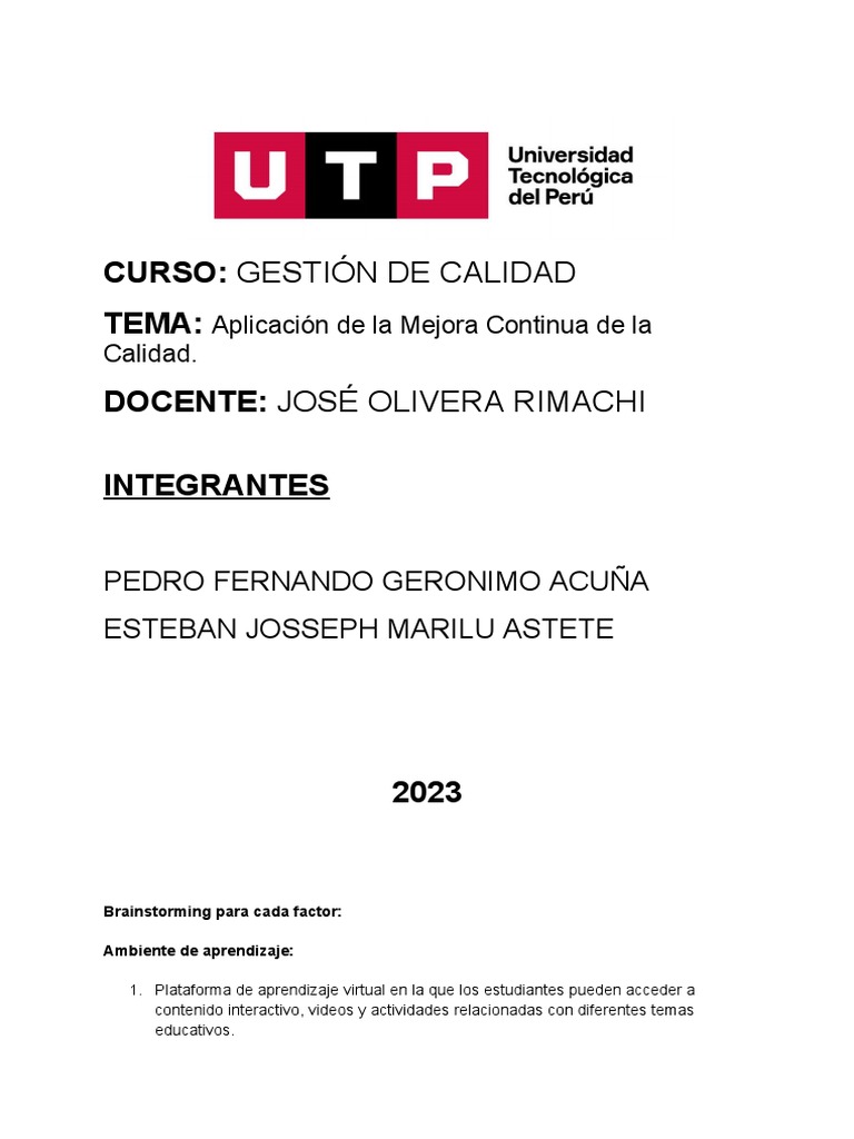 La Mejora Continua de La Calidad Aplicado A La Utp Sede SJL | PDF ...