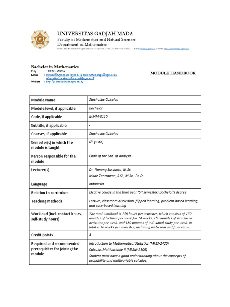 Module Handbook - S1 Stochastic Calculus | PDF | Mathematics ...