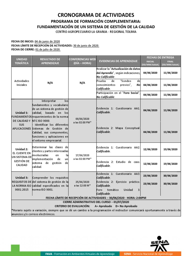 Cronograma de Actividades: Programa de Formación Complementaria: Fundamentación de Un Sistema de ...