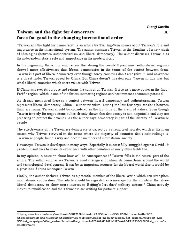 Taiwan and the Fight for Democracy .Giorgi Soselia | PDF | Taiwan ...