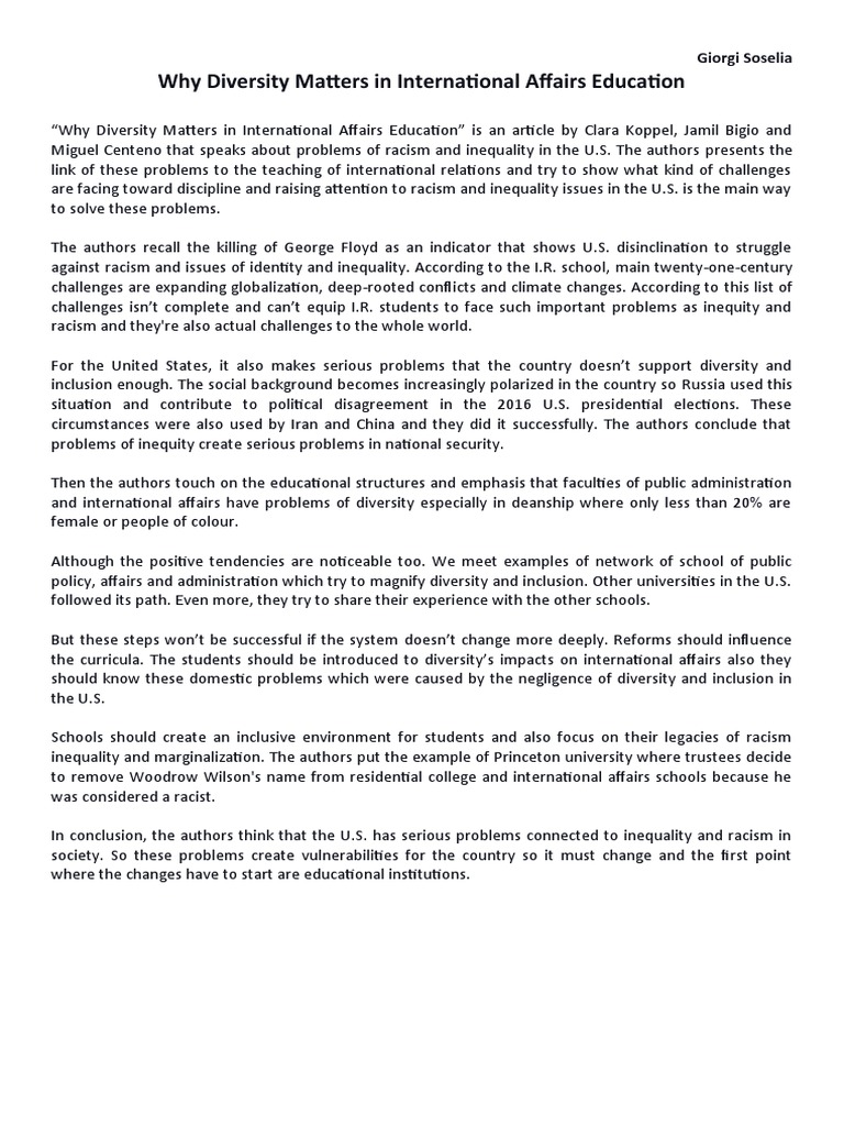 Why Diversity Matters in International Affairs Education | PDF | Racism | Discrimination & Race ...
