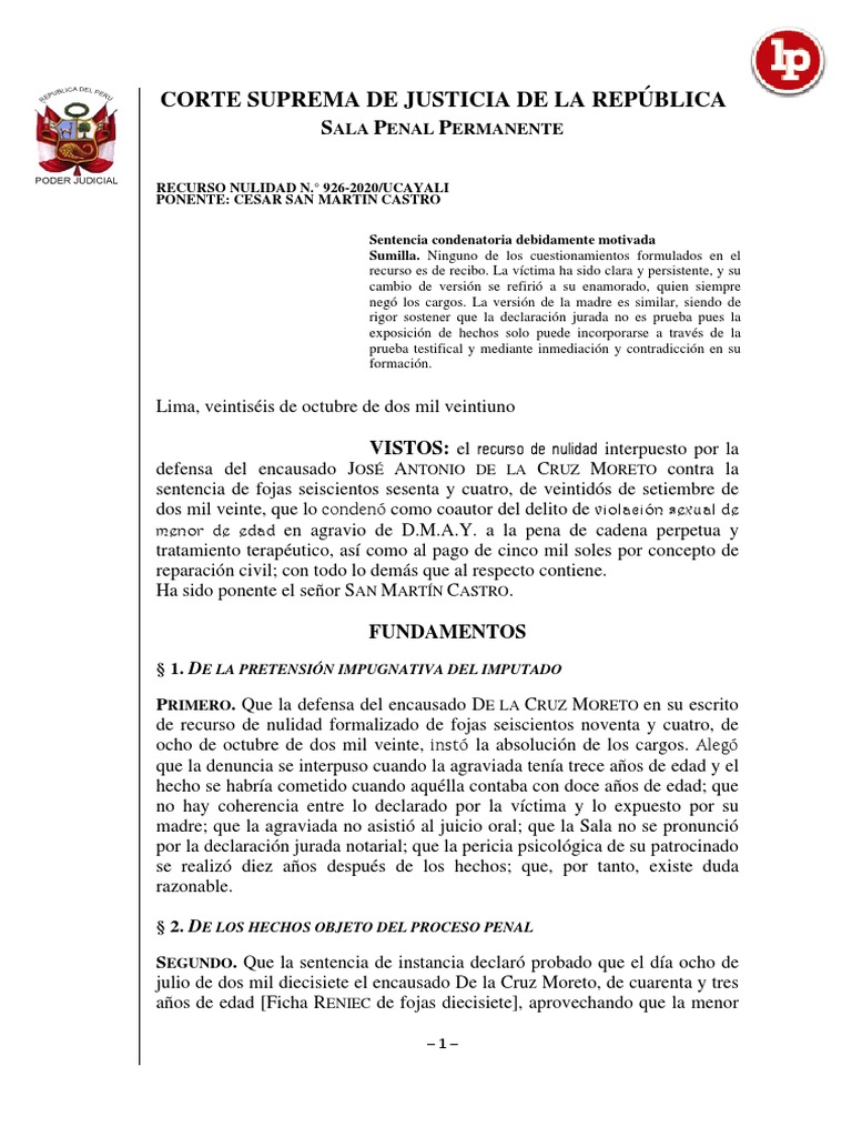 RN-926-2020.-Ucayali-LPDerecho (VLS) | PDF | Sentencia (ley) | Cadena perpetua