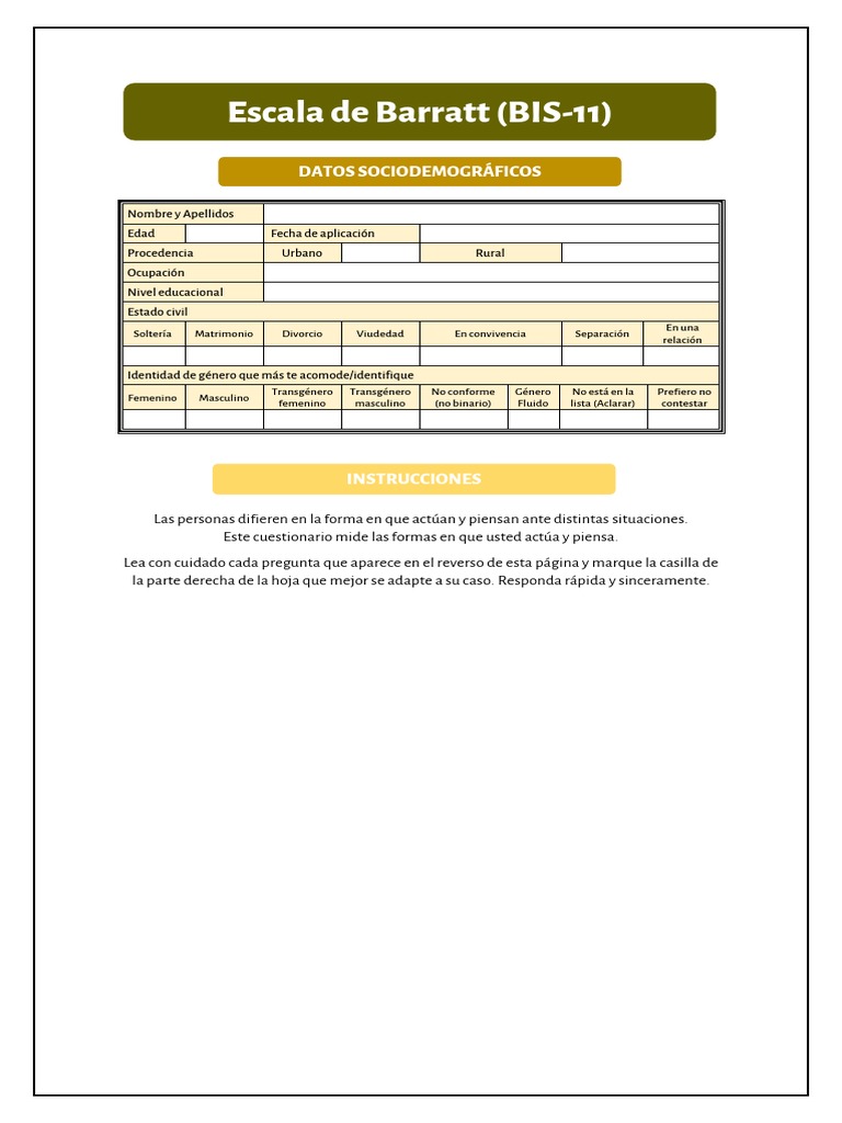 Escala de Impulsividad de Barratt (BIS-11, Salinas, Aguilar & Fabregat ...