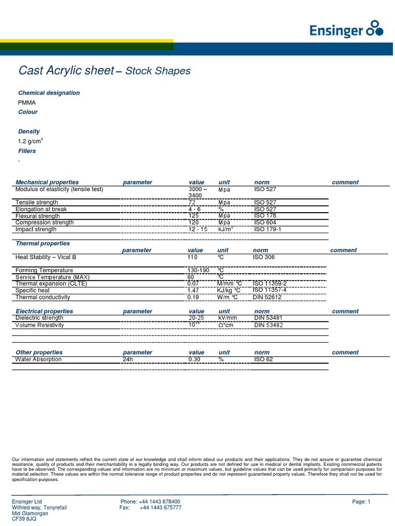 Datasheet Cast Acrylic Sheet en | PDF | Poly(Methyl Methacrylate ...