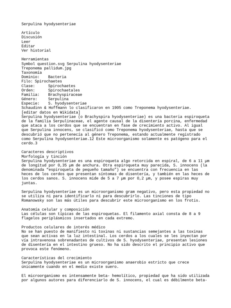 Serpulina Hyodysenteriae | PDF | Especialidades Medicas | Microbiología