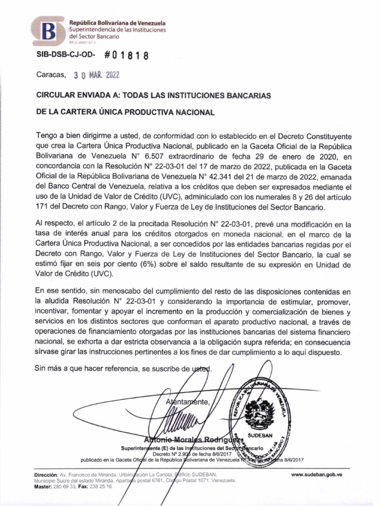 CIRCULAR N° SIB-DSB-CJ-OD-01818 Cartera Única Productiva Nacional | PDF ...