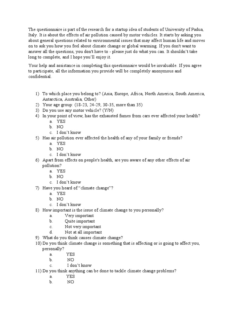Survey Questionnarie | PDF | Climate Change | Questionnaire