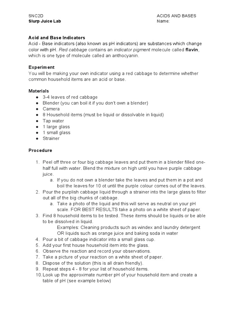 SNC2D1 - Acids and Bases Mini Lab - Denzel Benitez-Ortega | PDF | Ph | Acid