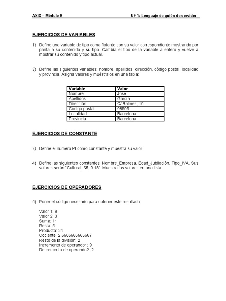 PHP - Ejercicios Variables, Constantes y Operadores | PDF | Variable ...