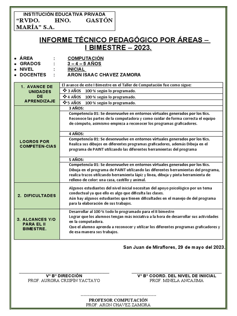 Informe Técnico Pedagógico - 1ER BIMESTRE 2023 - INICIAL | PDF