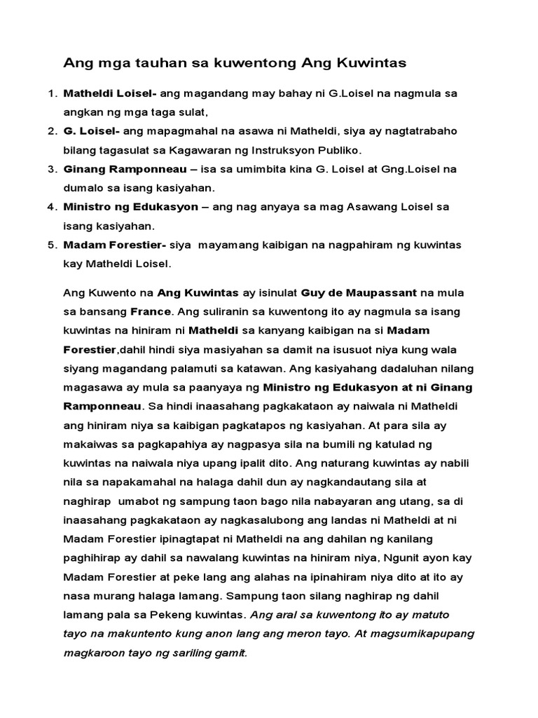 Ang Mga Tauhan Sa Kuwentong Ang Kuwintas | PDF