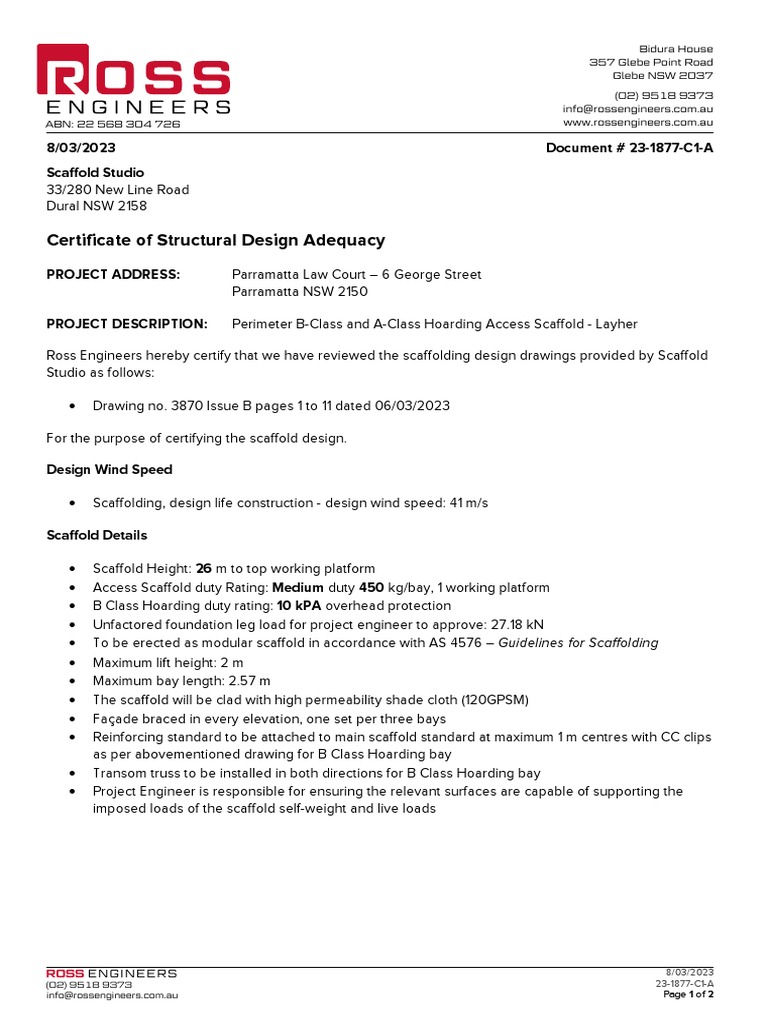 23 1877 C1 A Structural - Design - Adequacy 2023 03 08 | PDF | Scaffolding