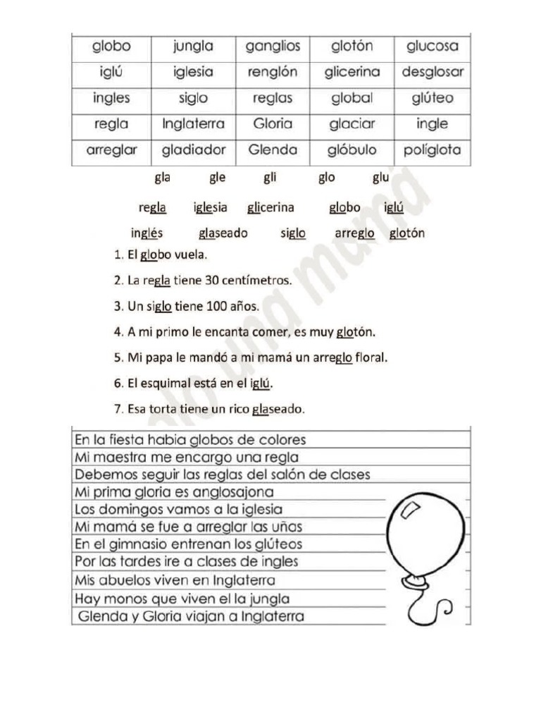 Palabras y Oraciones Con GL | PDF