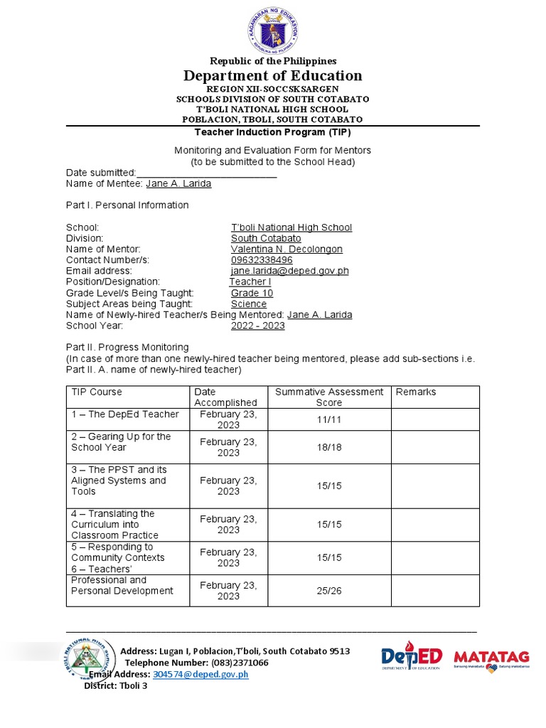 Monitoring and Evaluation Form For Mentors | PDF | Mentorship | Pedagogy