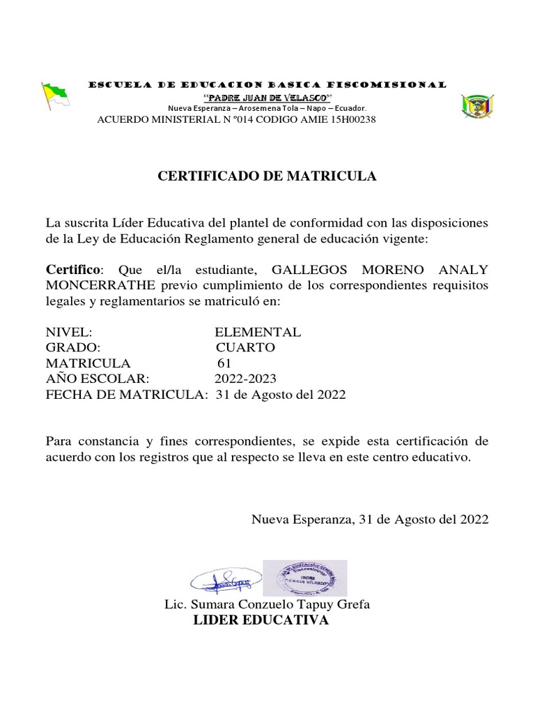 Certificado de Matricula de Analy | PDF