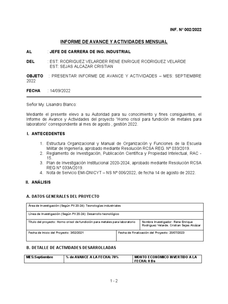 b1.1. Modelo Inf. Avance y Act. Mensual - Investigador 002 | PDF | Fundición