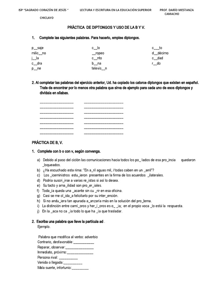 Práctica de Diptongos y Uso de La B y V | PDF