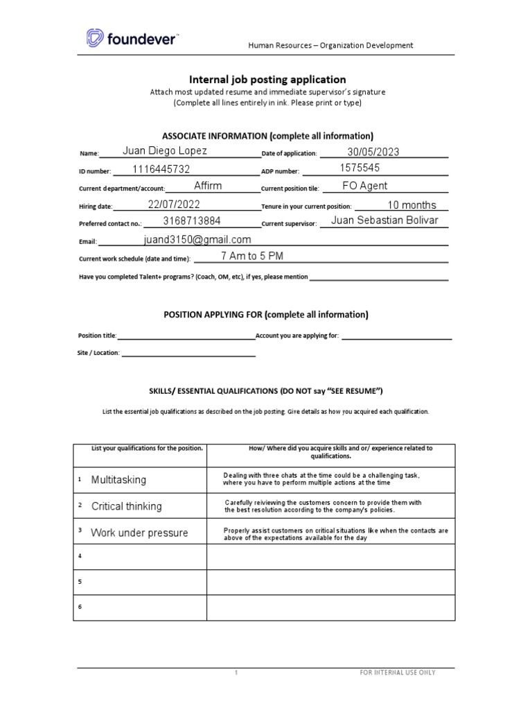 Internal Application Form - Foundever Firmado | PDF | Human Resources | Business
