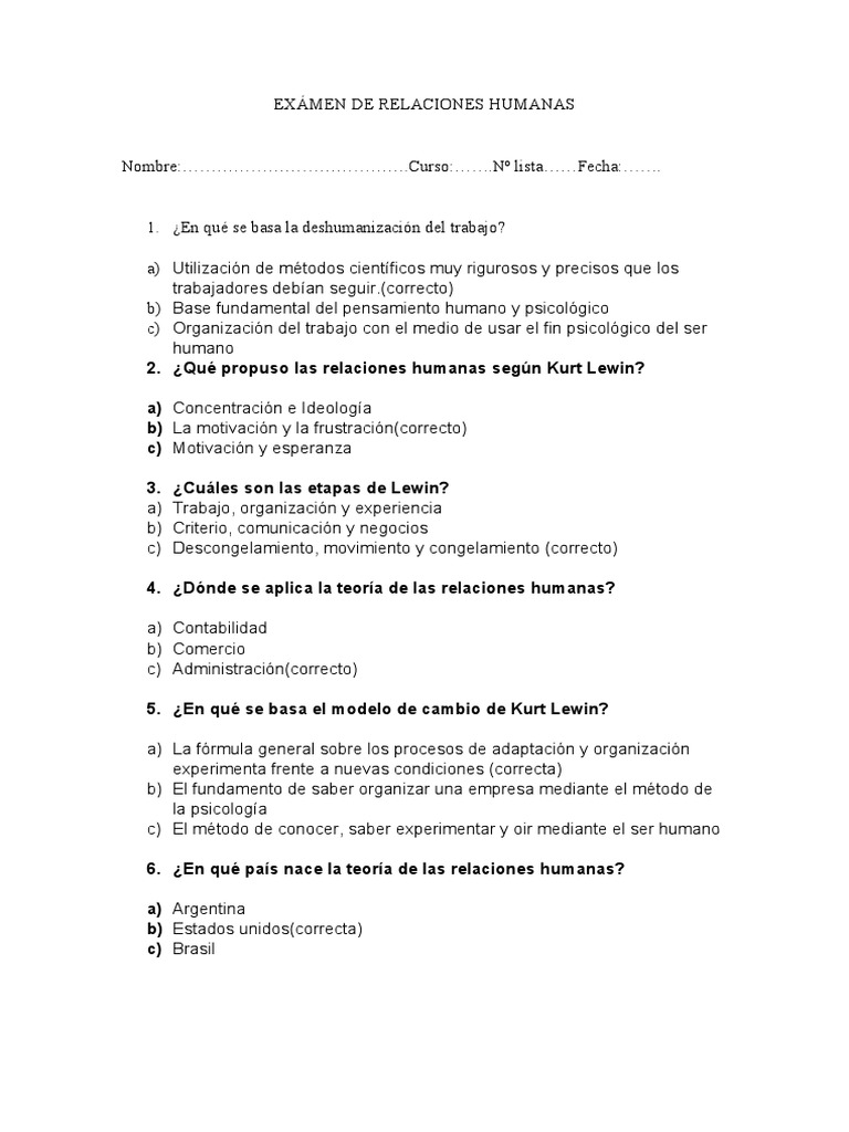 Exámen de Relaciones Humanas | PDF