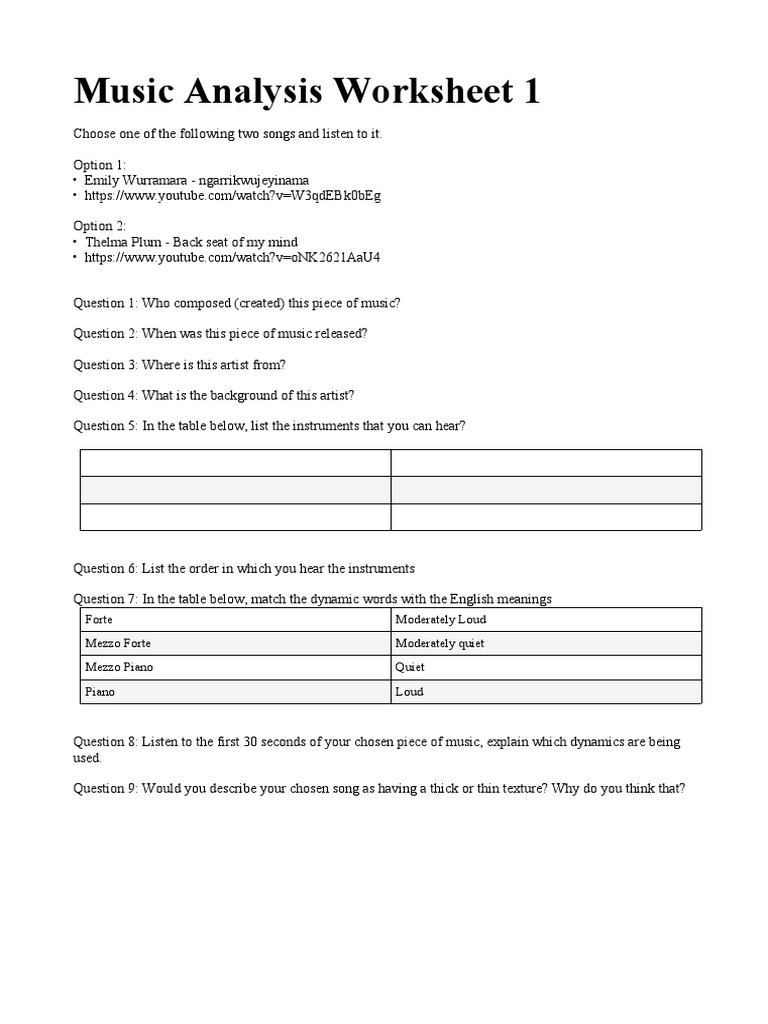 Music Analysis Worksheet | PDF