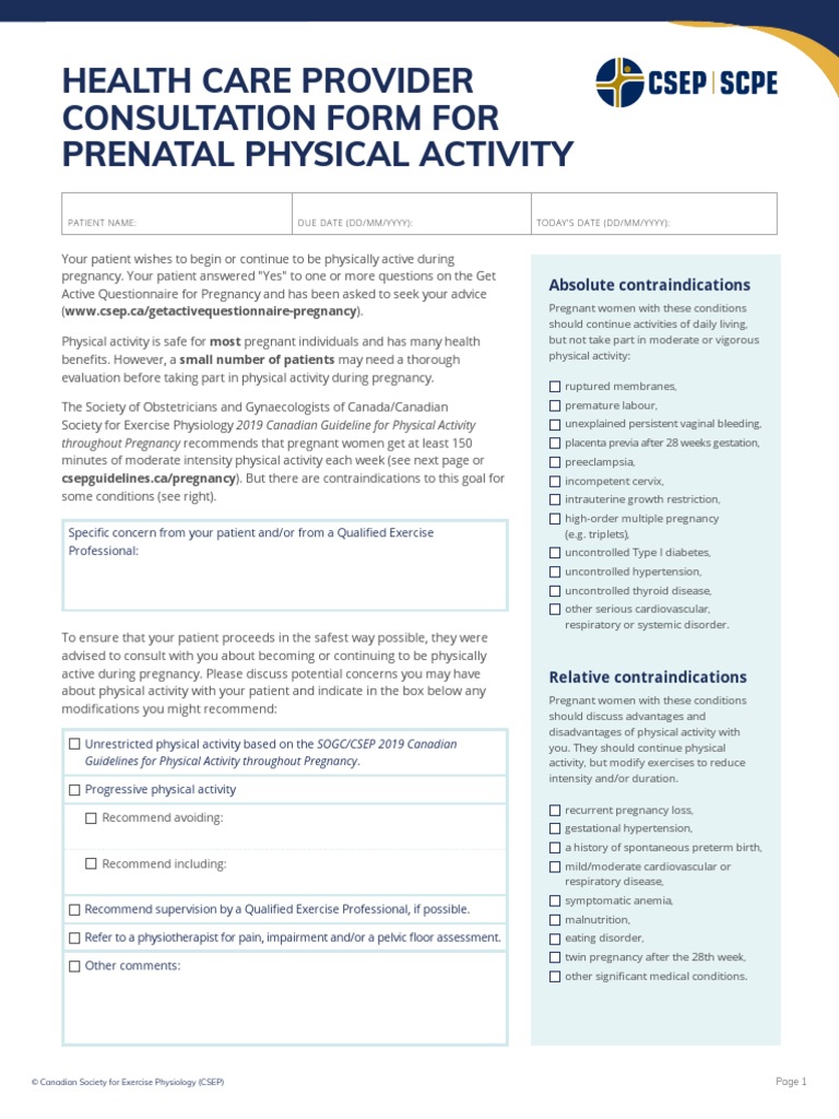 Health Care Provider Consultation Form For Prenatal Physical Activity ...