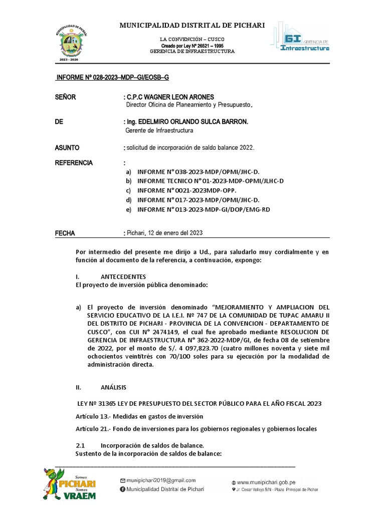 INFORME #028-2023 - GI - Solicito Incorporacion de Saldo Balance 2022 ...
