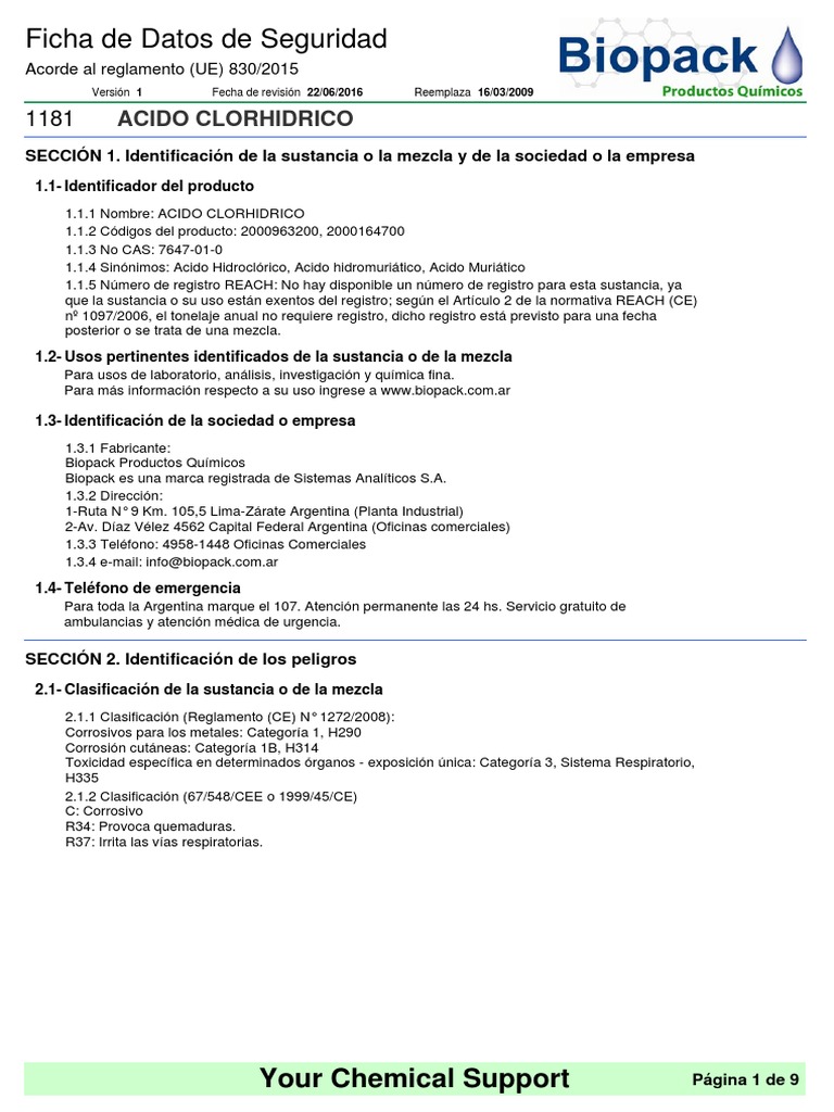 Ficha de seguridad-HCl-Biopack | PDF